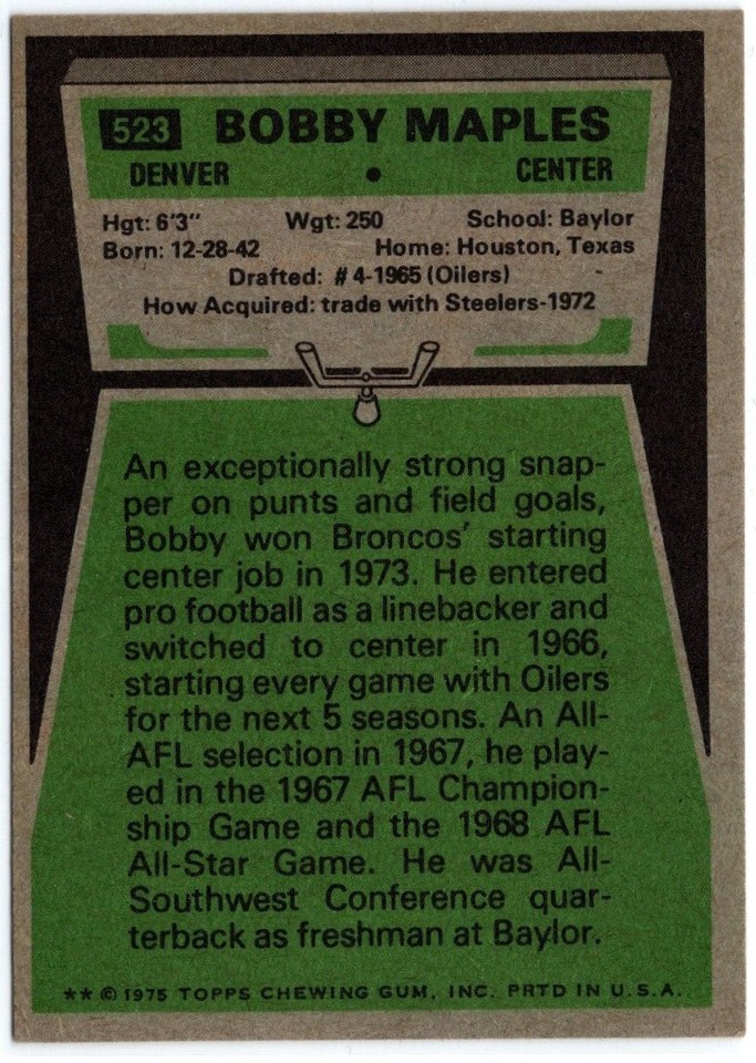 1975 Topps Football Card #523 Bobby Maples EX+ Denver Broncos Vintage ...