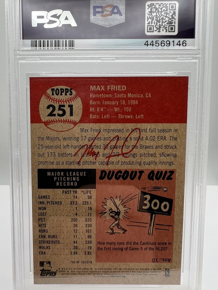 2019 Topps Living Set #251 Max Fried PSA 10 Gem Mint SP Short Print ...