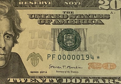 2017 A $20 LOW 3 DIGIT SERIAL NUMBER (( 00000 194* )) US paper money ...