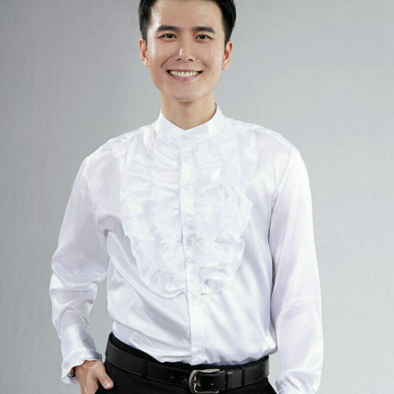 Men's Silky Satin Dress Shirt Tops Ruffle Collar Fancy Stage Costume ...