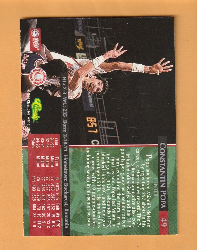 Constantin Popa Miami Hurricanes 1995 Classic #49 8B | eBay