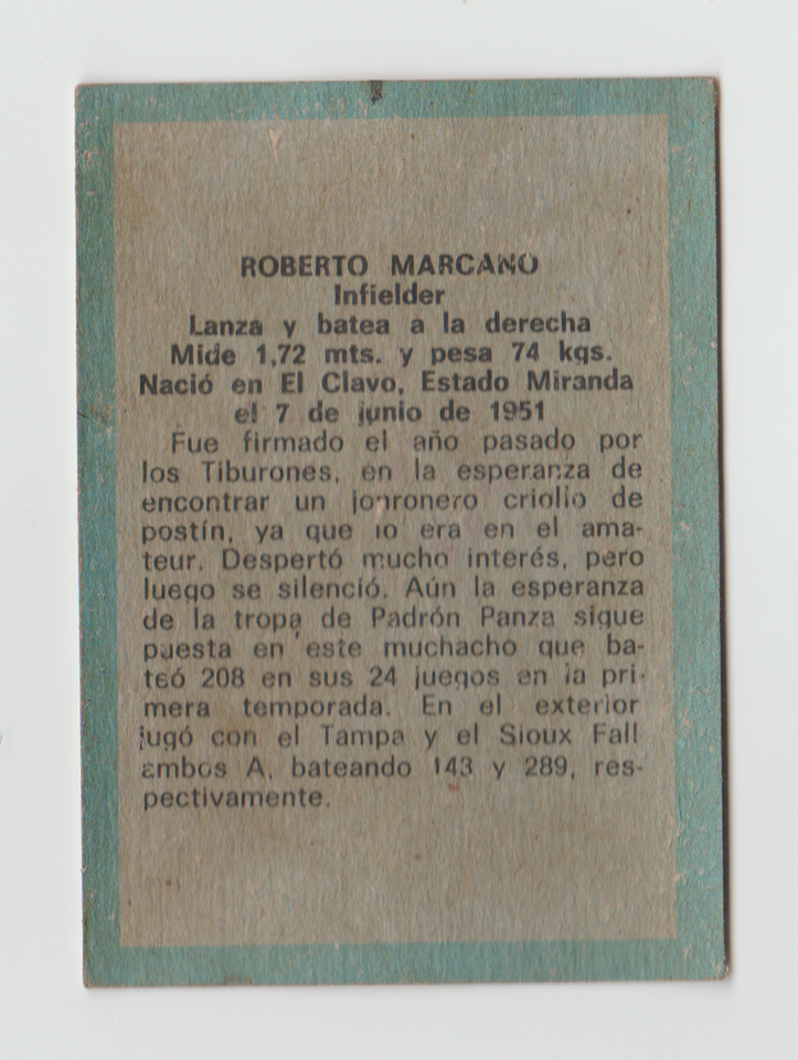 Venezuela Sport Grafico Ovenca 1970 Roberto Marcano #212 Tiburones De La Guaira | eBay