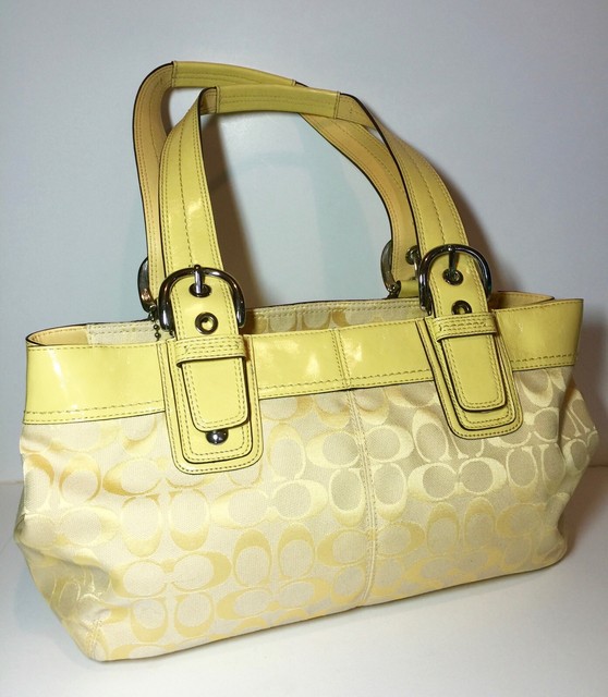 Coach F13742 Soho Pleated Signature Patent Leather Tote Bag in Lemon ...