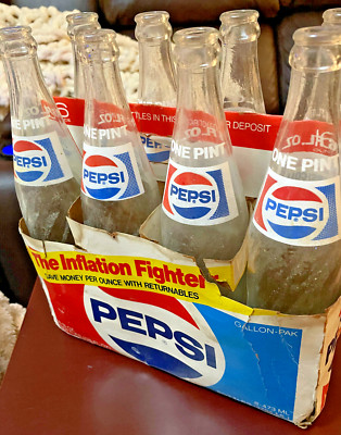Vintage Pepsi 16oz 1 Pint Empty Bottle 8 Pack late 70s/80s Inflation ...