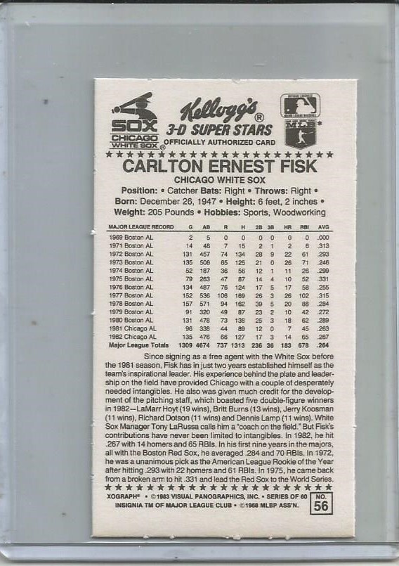 1983 CARLTON FISK CWS #56 KELLOGG'S 3-D SUPER STARS BREAK SIGNATURE ...