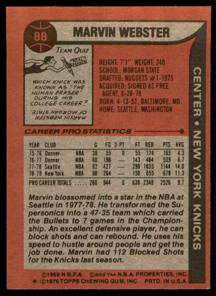 1979-80 TOPPS; MARVIN WEBSTER NEW YORK KNICKS #88 (T107) | eBay