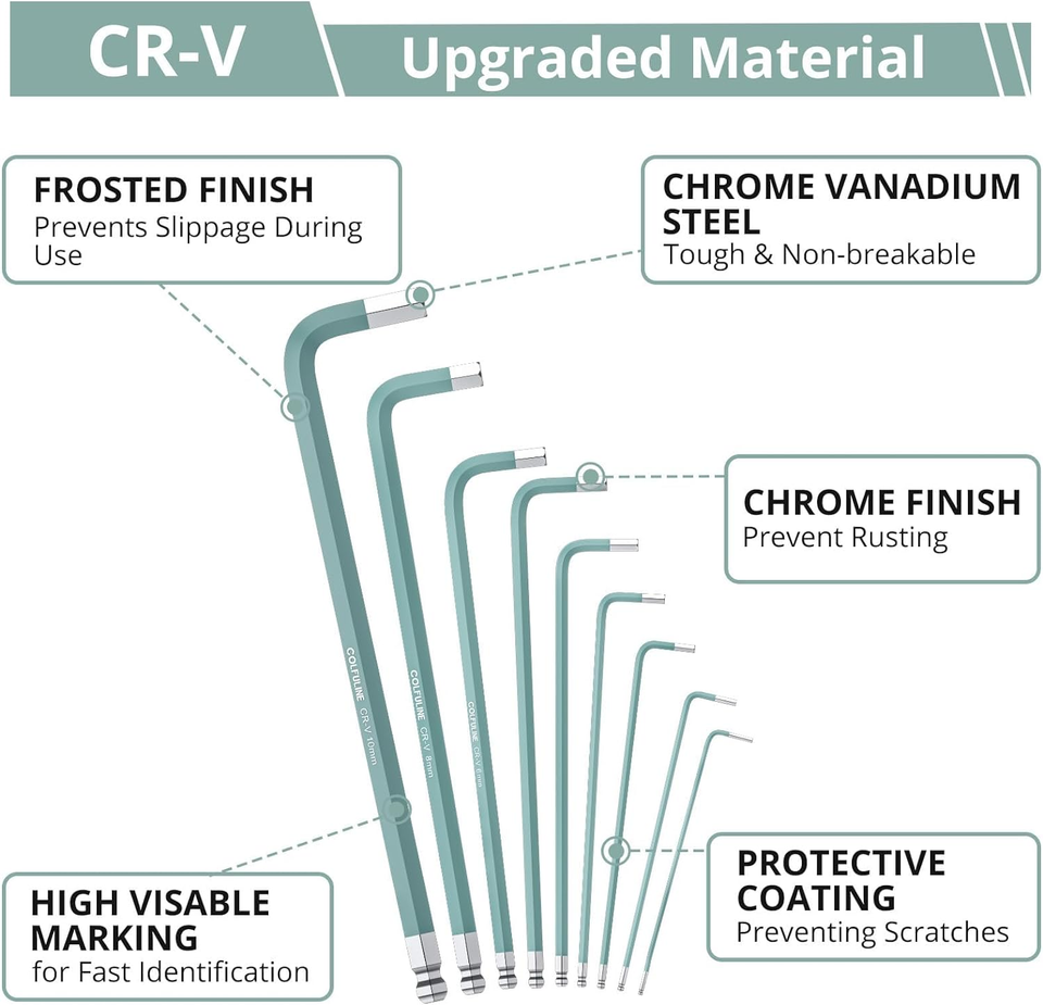 COLFULINE 9PCS Long Allen Wrench Set, Cr-V Metric Green Allen Key Set 1 ...