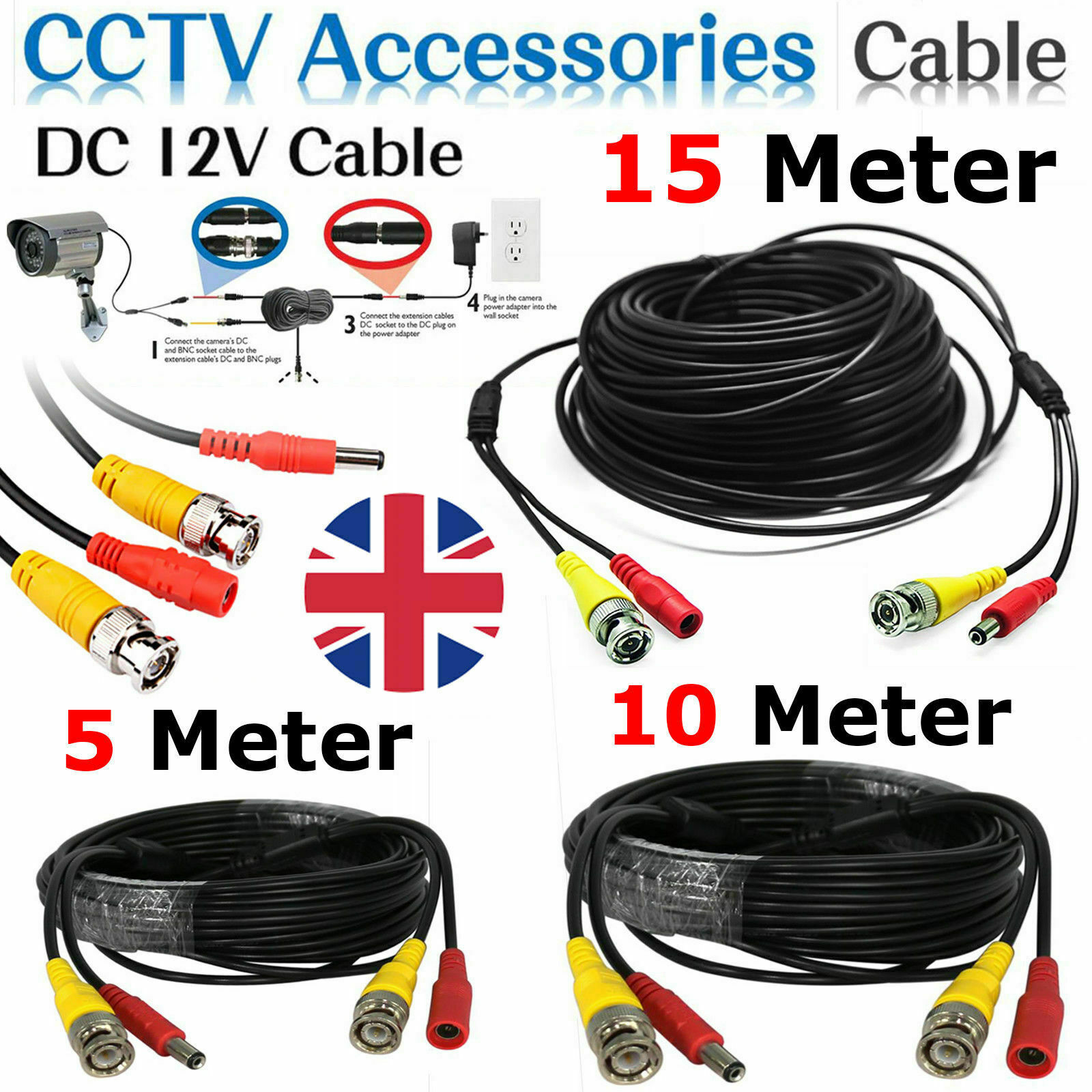 5M -15M BNC DC Power Lead CCTV Security Camera DVR Video Camera ...