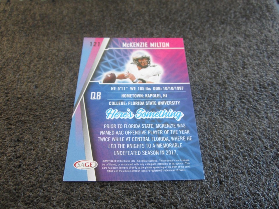 2022 SAGE ARTISTRY ROOKIE McKENZIE MILTON FLORIDA STATE #121 | eBay