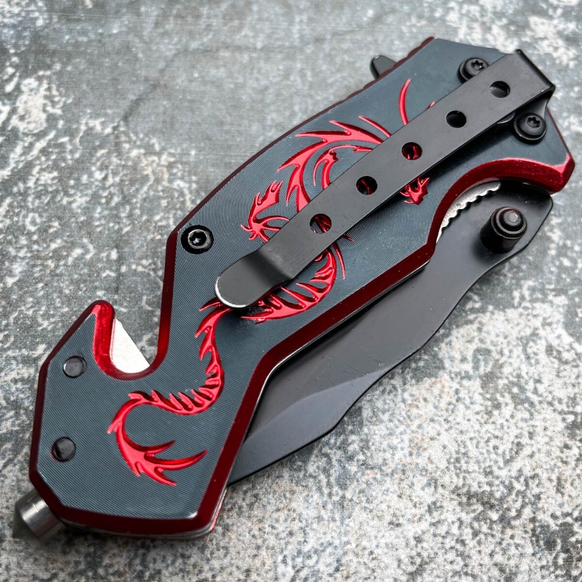 6" Tactical Fantasy Dragon Spring Assisted BLACK RED Rescue Folding ...