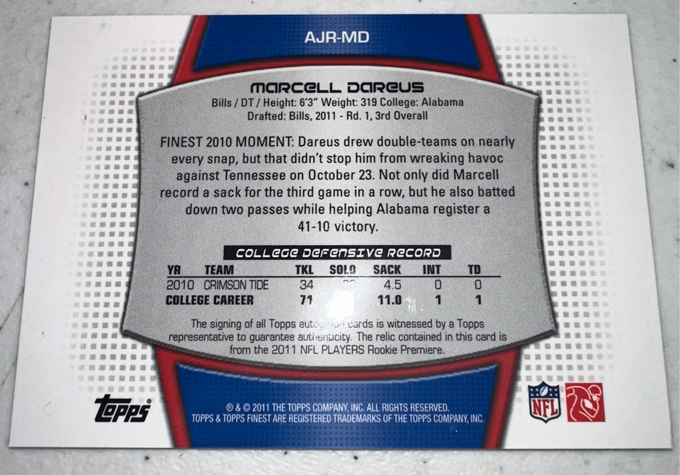 2011 Finest Jumbo Jersey Autographs #AJRMD Marcell Dareus Auto #/339 | eBay