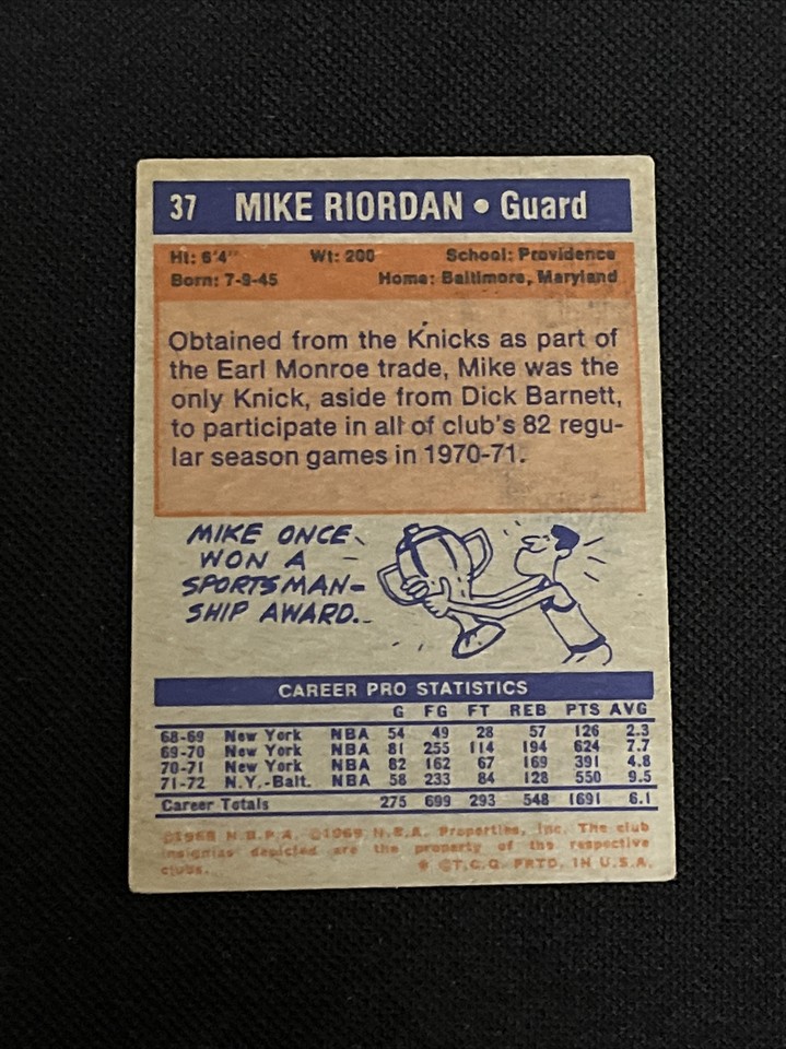 MIKE RIORDAN 1972-73 TOPPS SIGNED AUTOGRAPHED CARD #37 WASHINGTON ...