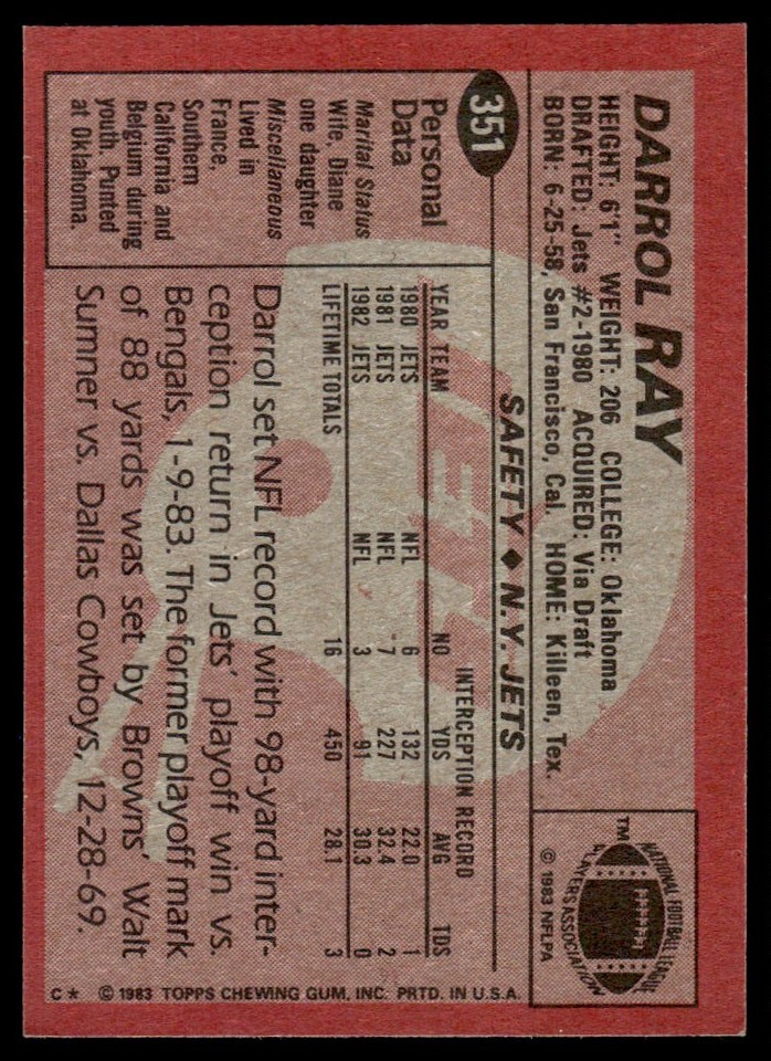 1983 TOPPS DARROL RAY C NEW YORK JETS #351 | eBay