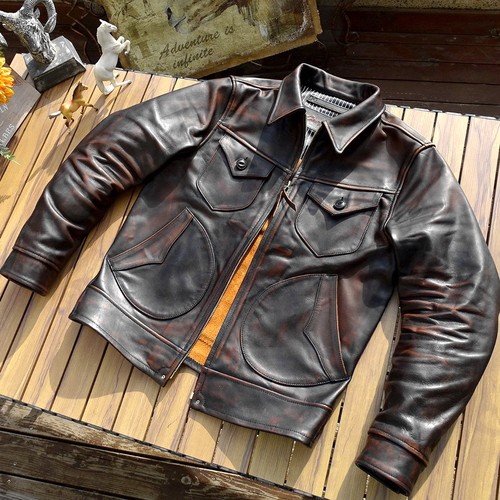 Mens Distressed Tea Core Horsehide Leather Jacket - Vintage Western ...