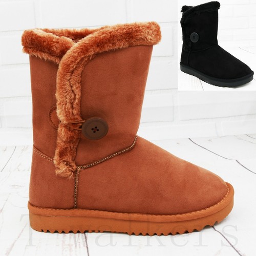 WOMENS LADIES ANKLE FUR SNUGG HUG BUTTON GRIP SOLE FLAT WARM WINTER ...