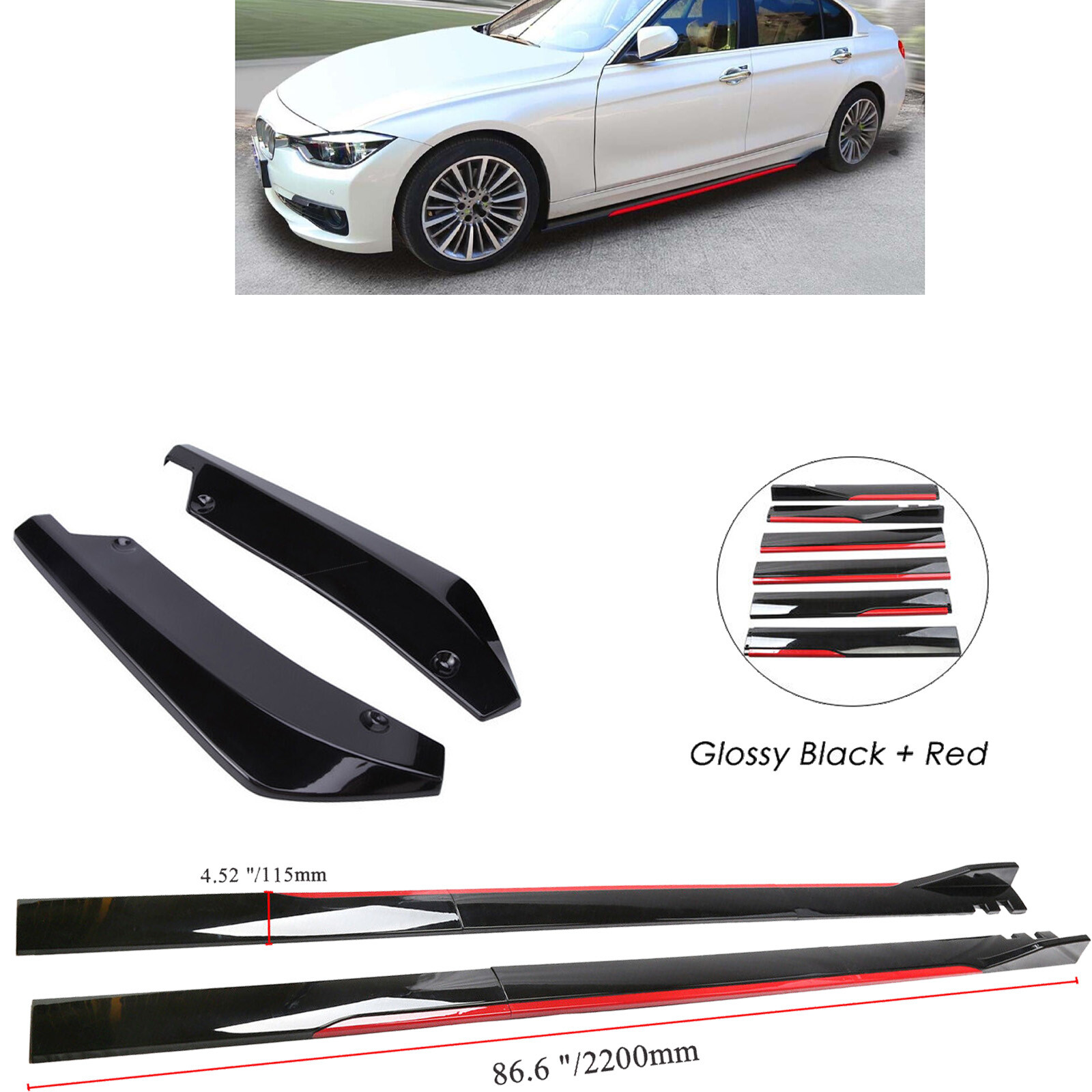 For BMW E90 E92 Gloss Black Red Side Skirt Rear Bumper Chin Lip Spats ...