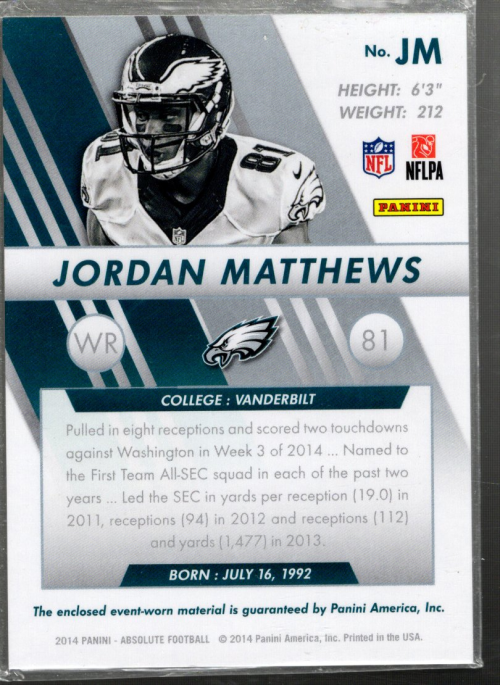 B1157- 2014 Absolute Rookie Jersey Collection #RJJMA Jordan Matthews ...