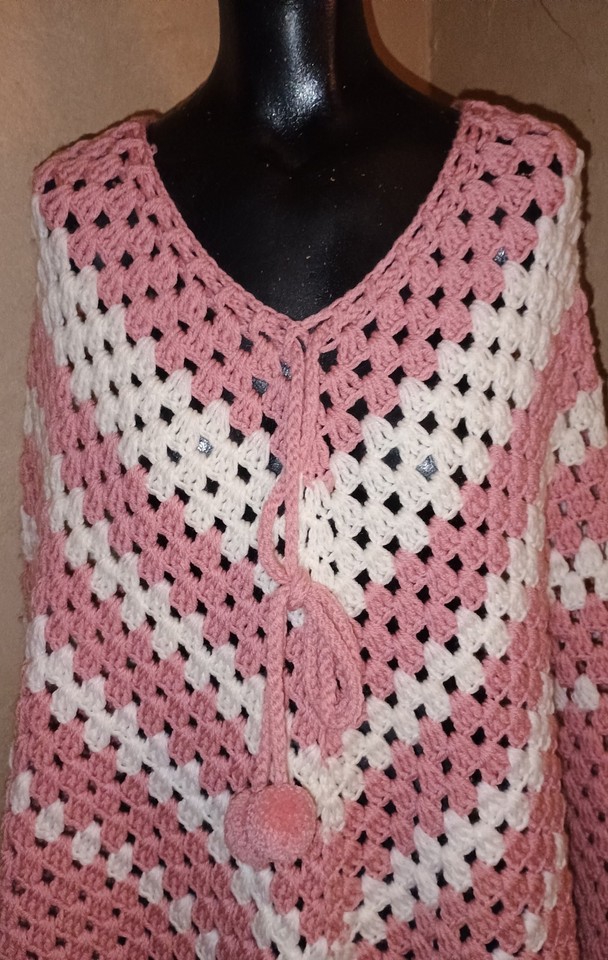 Vintage Crochet Poncho Handmade Pink White Hippie Boho Cottage Prairie ...