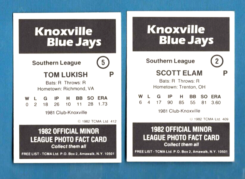 RARE Lot of 2 1982 TCMA #5 TOM LUKISH and #2 SCOTT ELAM KNOXVILLE BLUE ...
