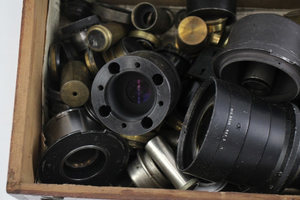 Assorted Antique Brass Camera Lenses & Microscope Lenses w/ Wooden Box ...