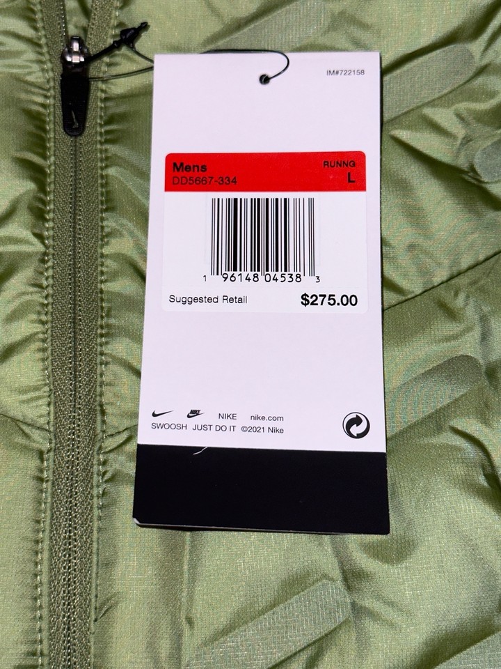 NIKE Therma Fit ADV Repel Down Fill Green Reflective Running Jacket ...