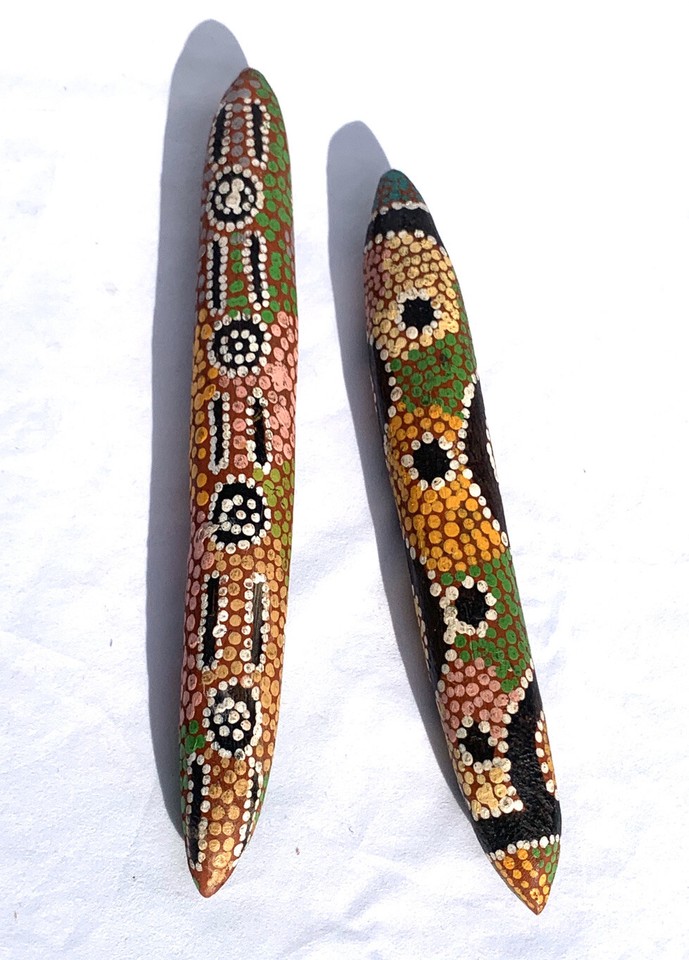 Rare Set Of 2 Vintage Old Australian Aboriginal Indigenous Dot Art Clap ...