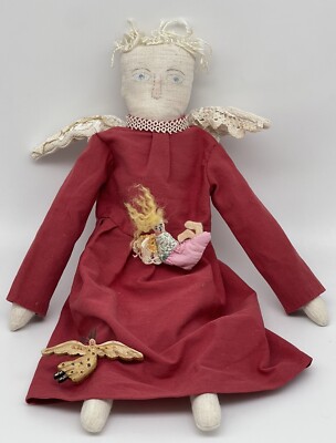 Primitive Folk Art Angel Doll Crocheted Wings Lace Collar Hanger Pin ...