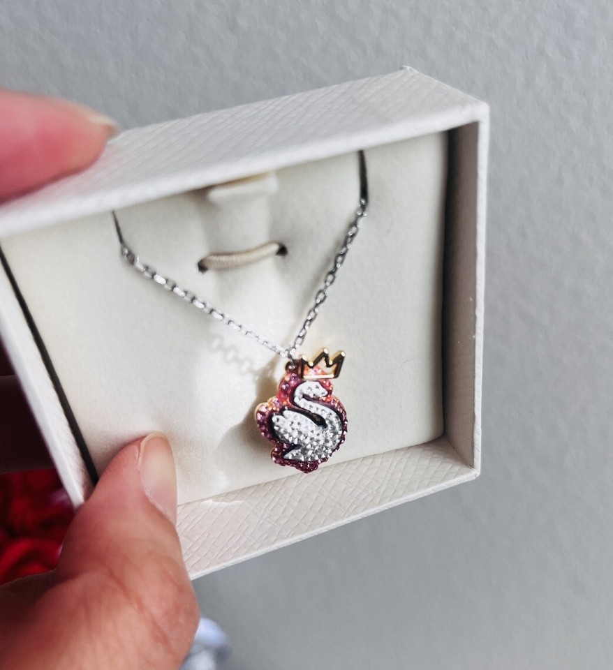 New Swarovski Swan Pink Pop Swarovski Crystal Women's Necklace Rhodium ...