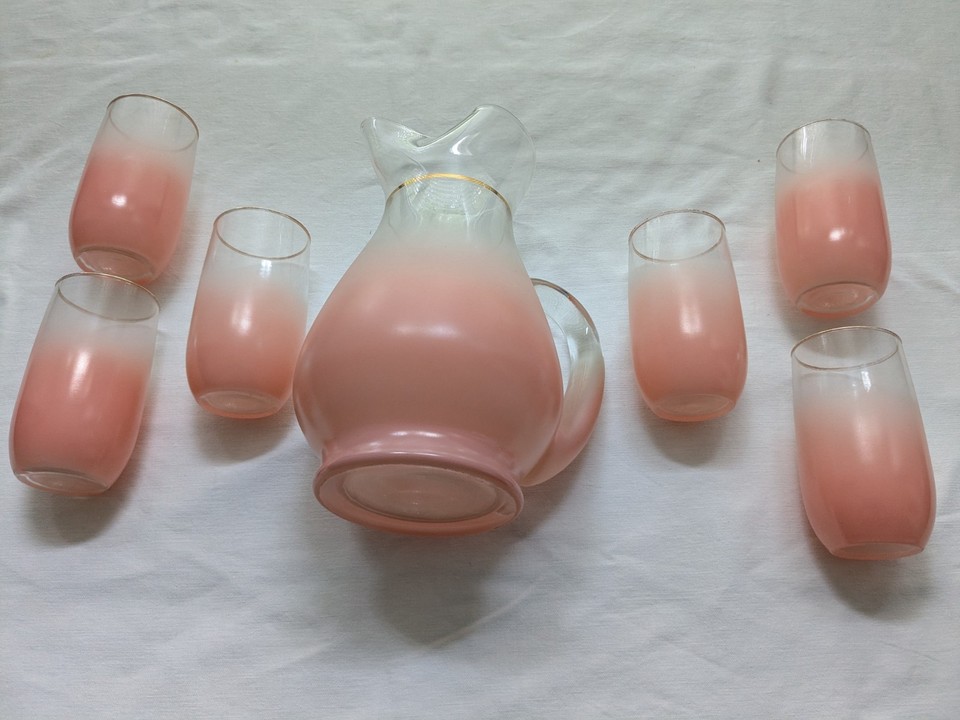 Vintage 1950s Blendo Mid Century Pink Frosted Gold Trim Pitcher And 6 ...