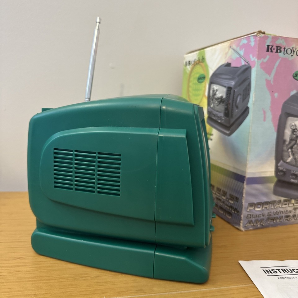 VTG Portable 5.5" GREEN B&W TV | AM/FM Radio KB Toys Club w/ Adaptor w ...