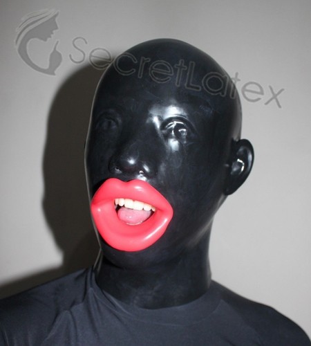 BLACK LATEX RUBBER HOOD FETISH BONDAGE GIMP WOMAN MOUTH GAG ORAL TOY ...