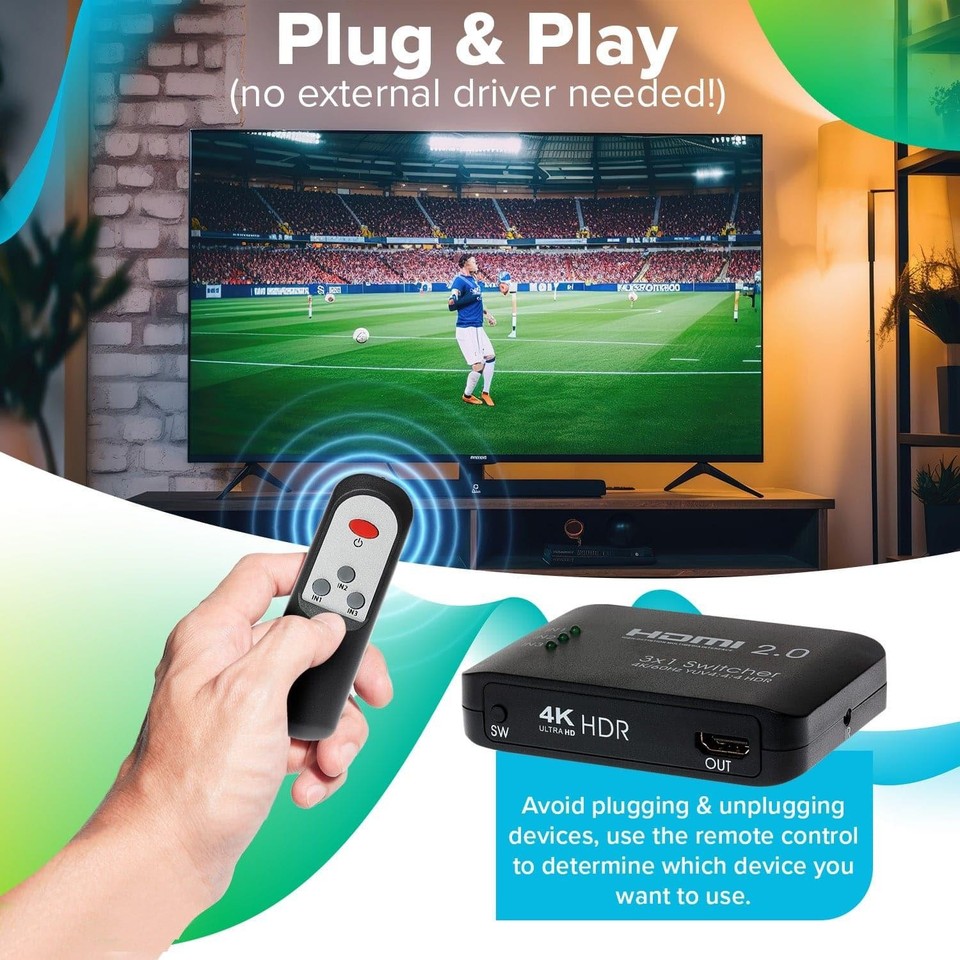 Maplin HDMI Switch 3 Ports In 1 Port Out 4K Ultra HD @60Hz with Remote ...