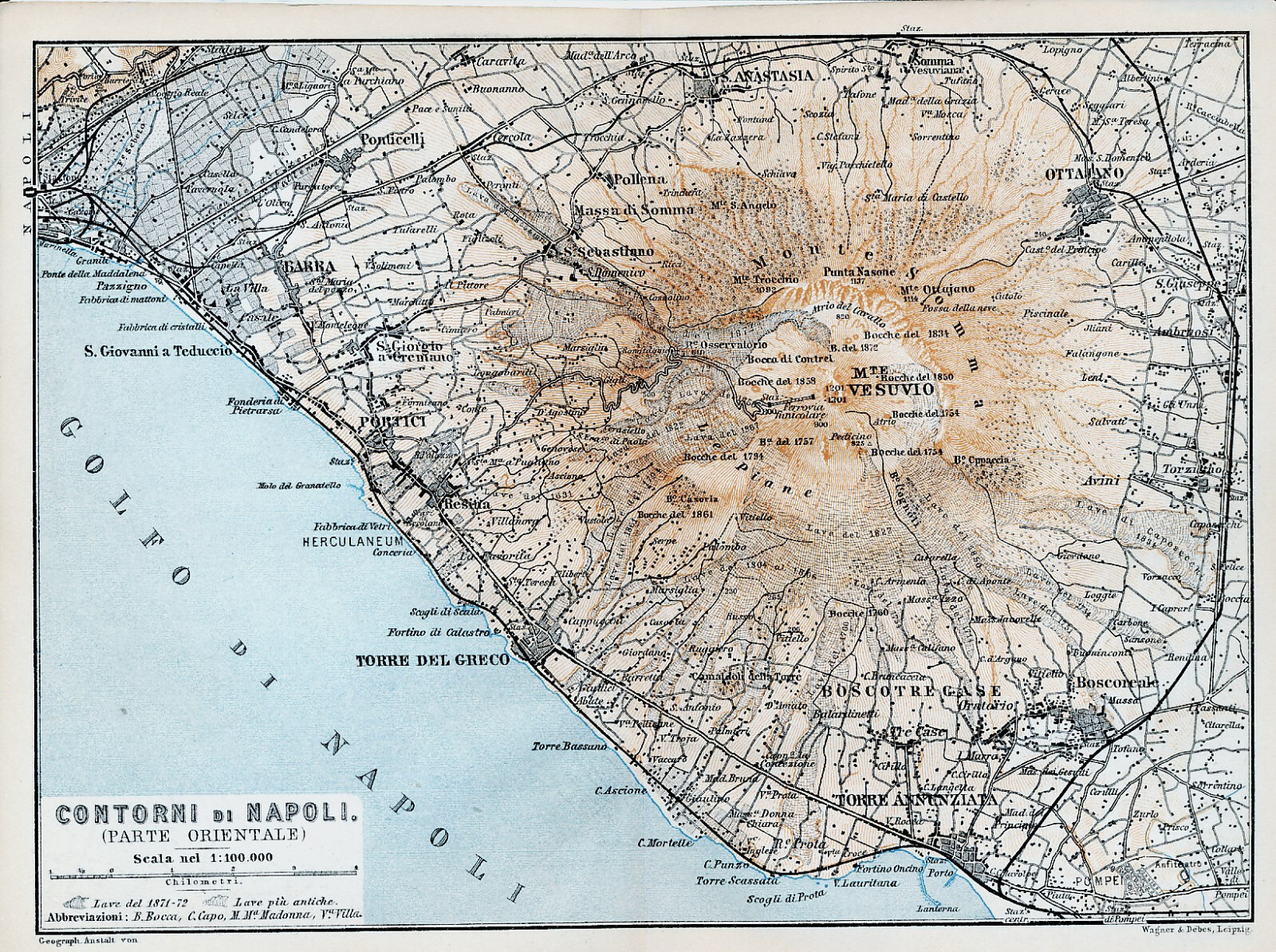 Contorni di Napoli 1895 picc. mappa orig. Vesuvio Ottajano Anastasia ...
