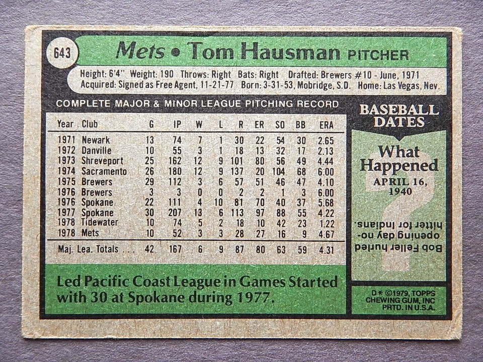Tom Hausman #643 Topps 1979 Baseball Card (New York Mets) G | eBay
