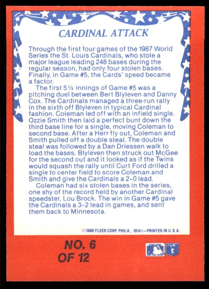 1988 Fleer Cardinal Attack - Disruptive Speed St. Louis Cardinals #6 | eBay