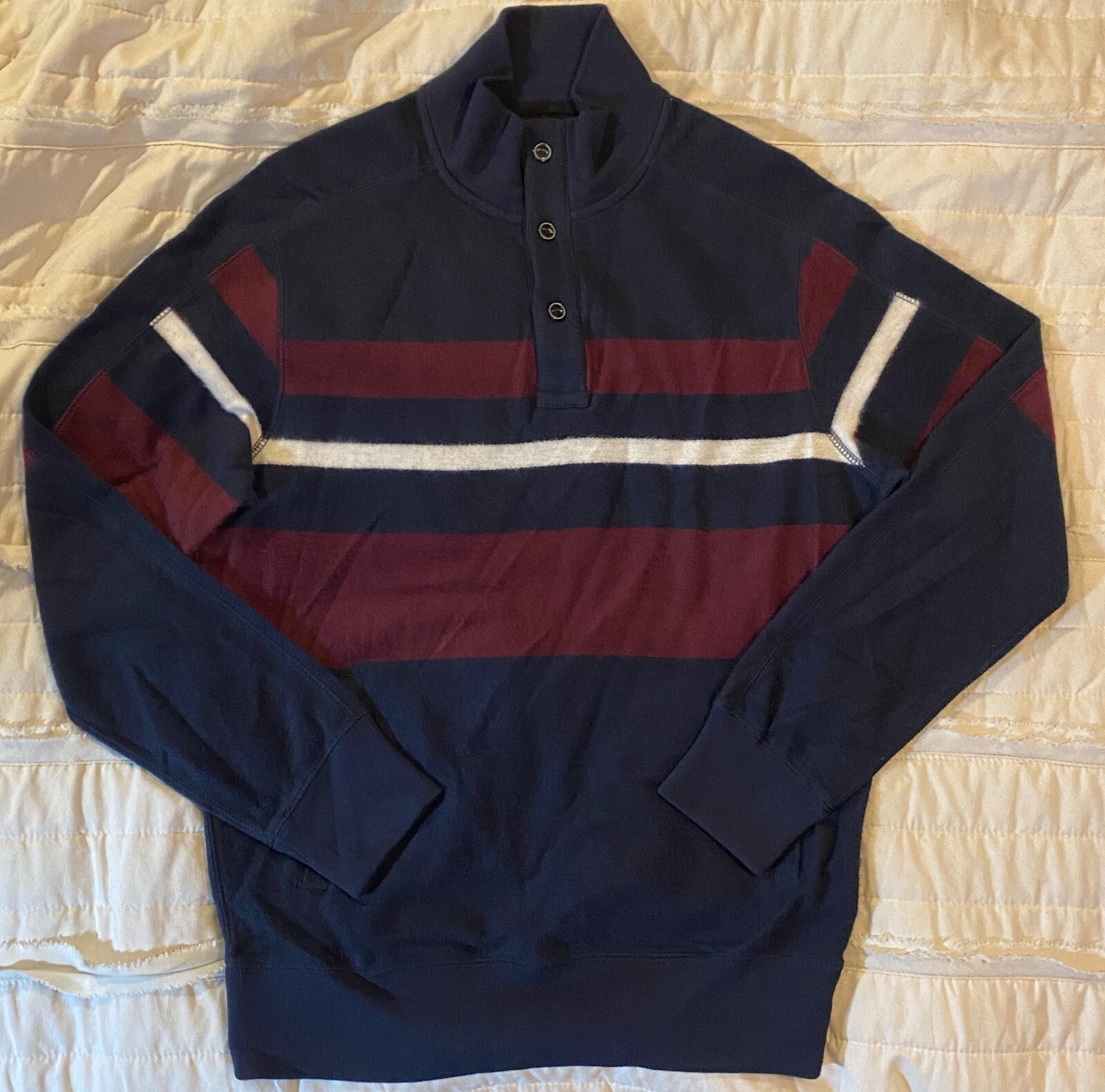 Chaps Ralph Lauren Pullover Mens Small Navy Maroon Stripe Fuzzy 1/4 ...