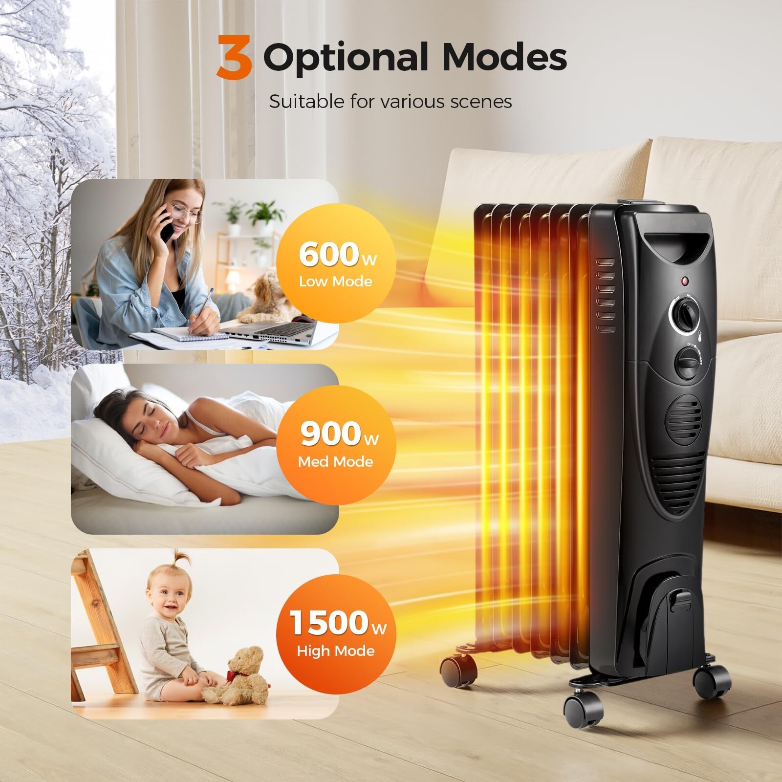 Kismile Portable Electric Radiator Heater, Oil Filled with 3 Heat ...