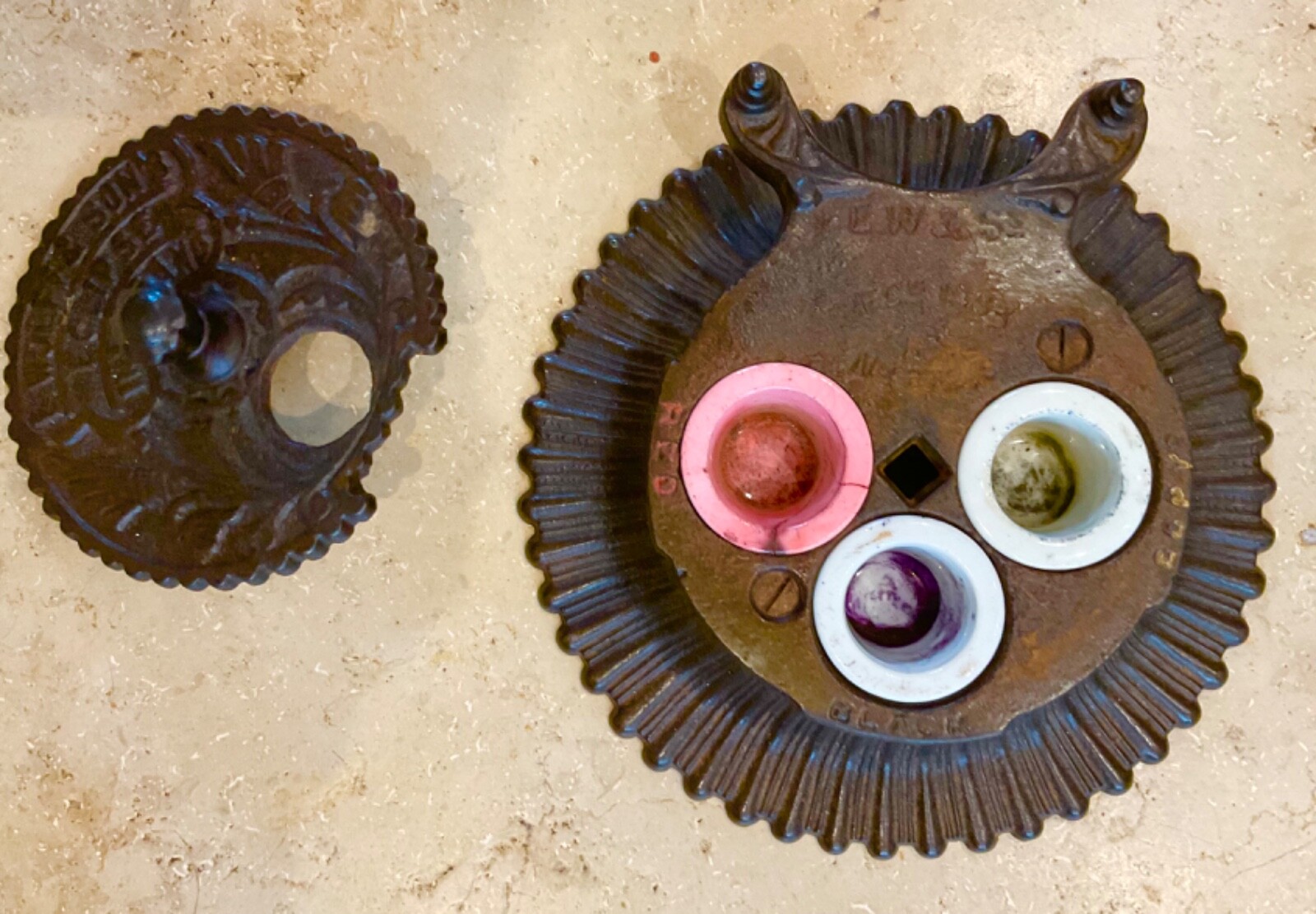 Antique Victorian InkWell Cast Iron Elias Wolff Rare Complete Porcelain ...