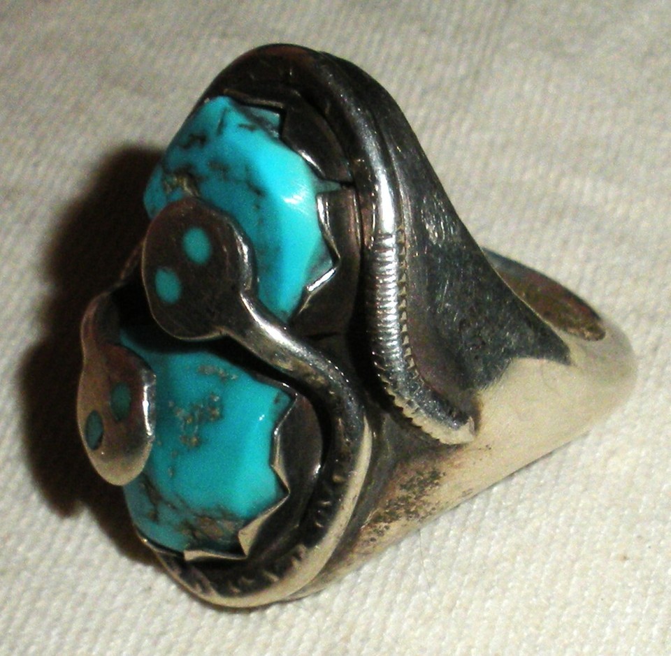 VINTAGE ZUNI SIGND EFFIE CALAVAZA SNAKE TURQUOISE STERLING SILVER RING ...