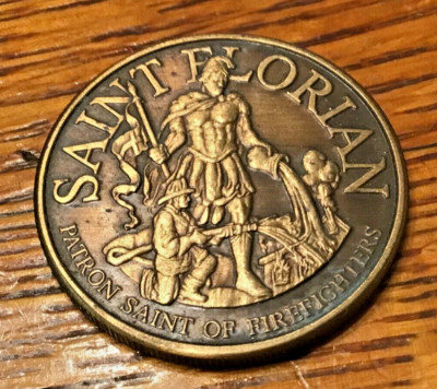 SAINT FLORIAN PATRON FIREFIGHTERS FIRE BRONZE ENGRAVABLE 1.5" CHALLENGE ...