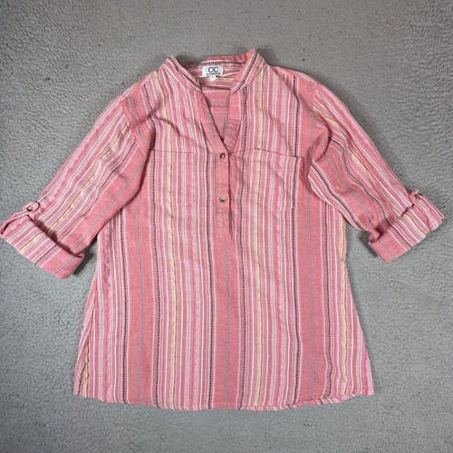 Chic Connection Womens Blouse Size L Coral Pink Long Roll Tab Sleeve ...