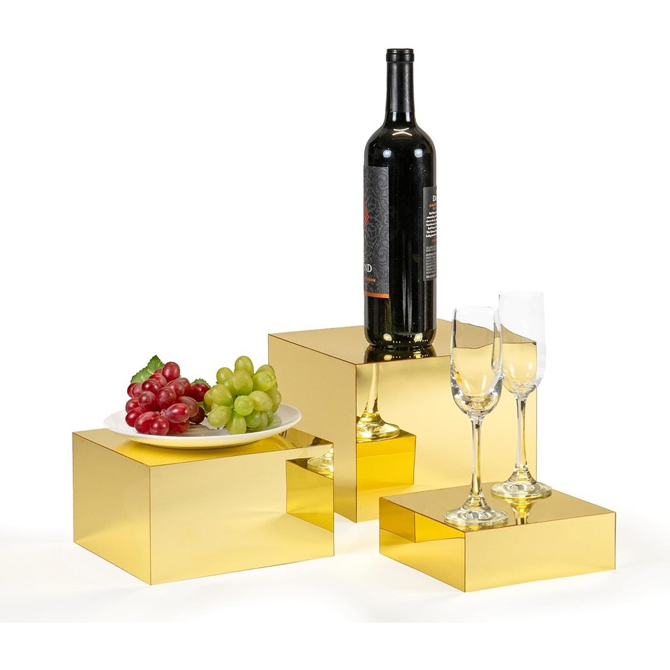 Set of 3 Glossy Gold Acrylic Cube Display Nesting Risers with Hollow ...
