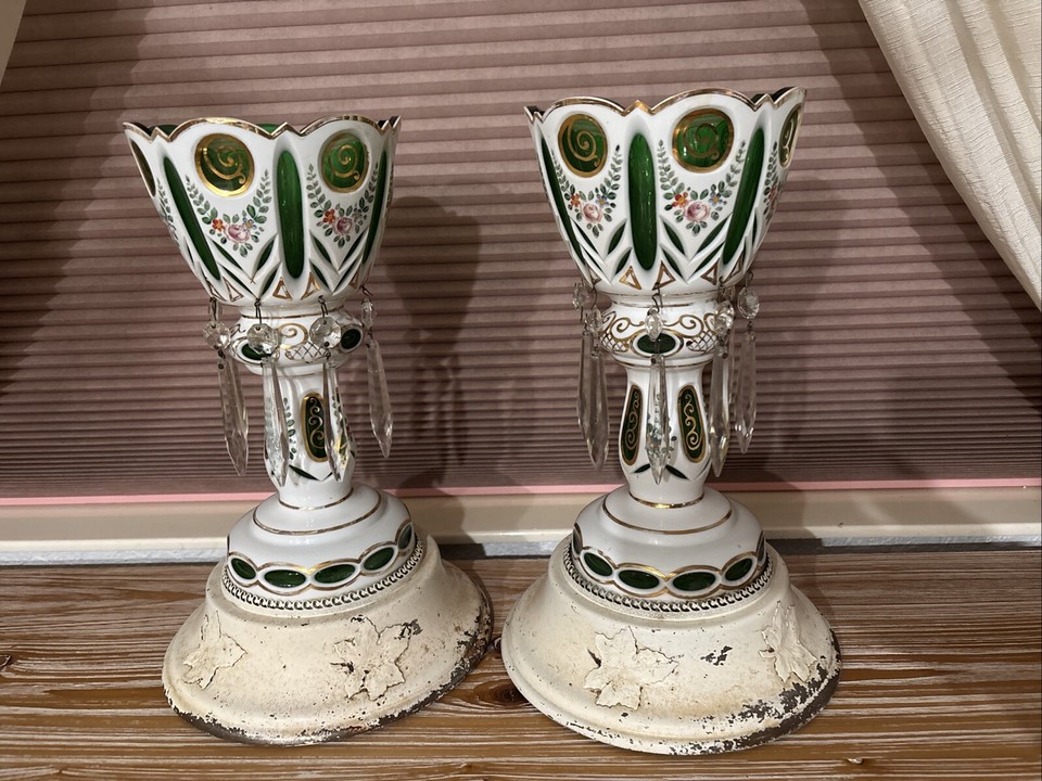 Antique Pair Czech Bohemian Mantle Luster Lamps ~ Cased Glass White Cut ...