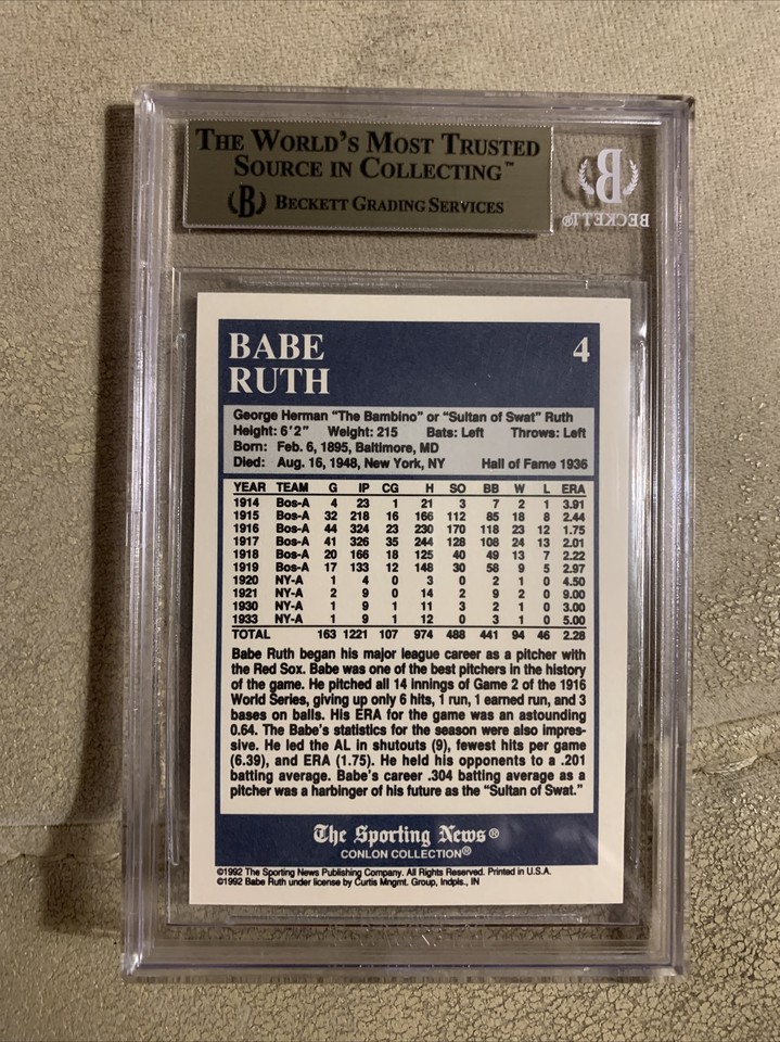 1992 Babe Ruth Conlon The Sporting News Color Set Bgs 9.5 Pop 2 None ...