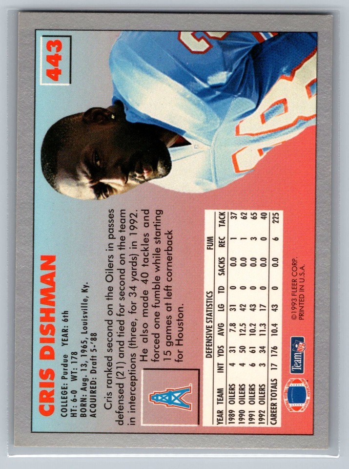 1993 Fleer Football #443 Cris Dishman Houston Oilers | eBay