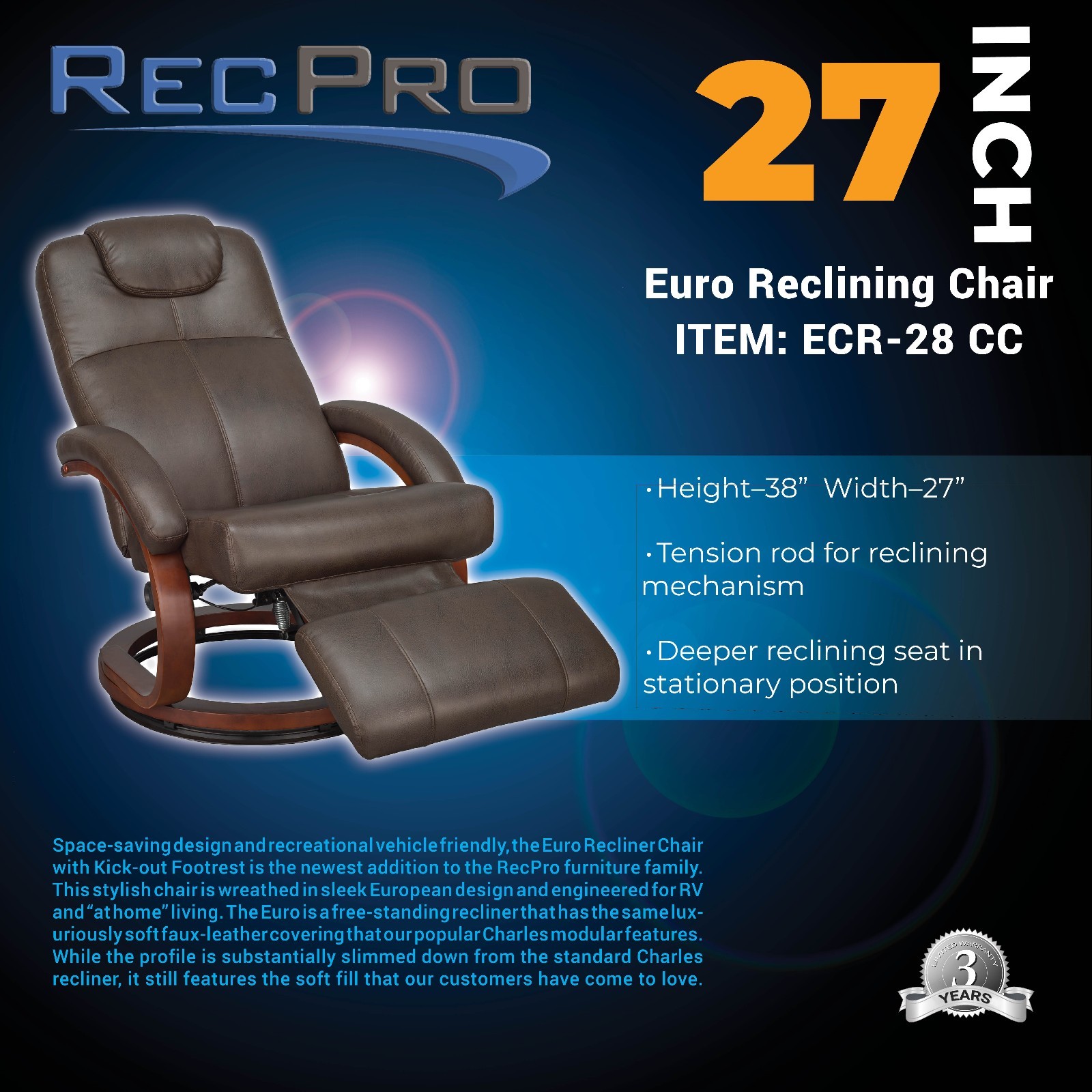 RecPro Charles 28" RV Euro Chair Recliner Ergonomic RV Furniture Seat ...