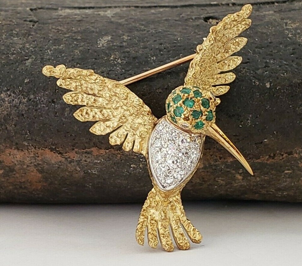 18kt Yellow Gold* Hummingbird Pin with Emeralds and Diamonds Pin ...