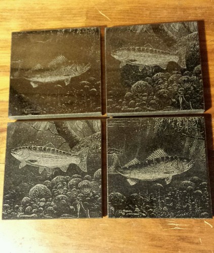 VTG Black Granite Laser Etched Drink Coasters Trout Walleye Fishing Set ...