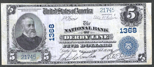 1902 $5 NATIONAL BANK NOTE ~ DERBY LINE, VERMONT ~ORLEANS COUNTY ...