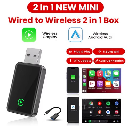 2 in1 Wireless Carplay Android Auto Adapter WiFi BT Auto Connect USB ...